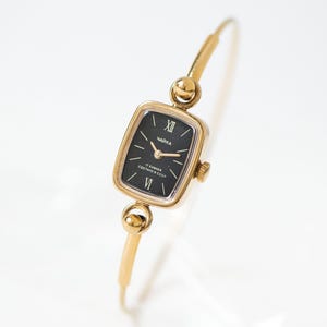 Black Cocktail Wristwatch Women Tiny Bracelet Gold Plated Seagull, Evening Watch Minimalist ...