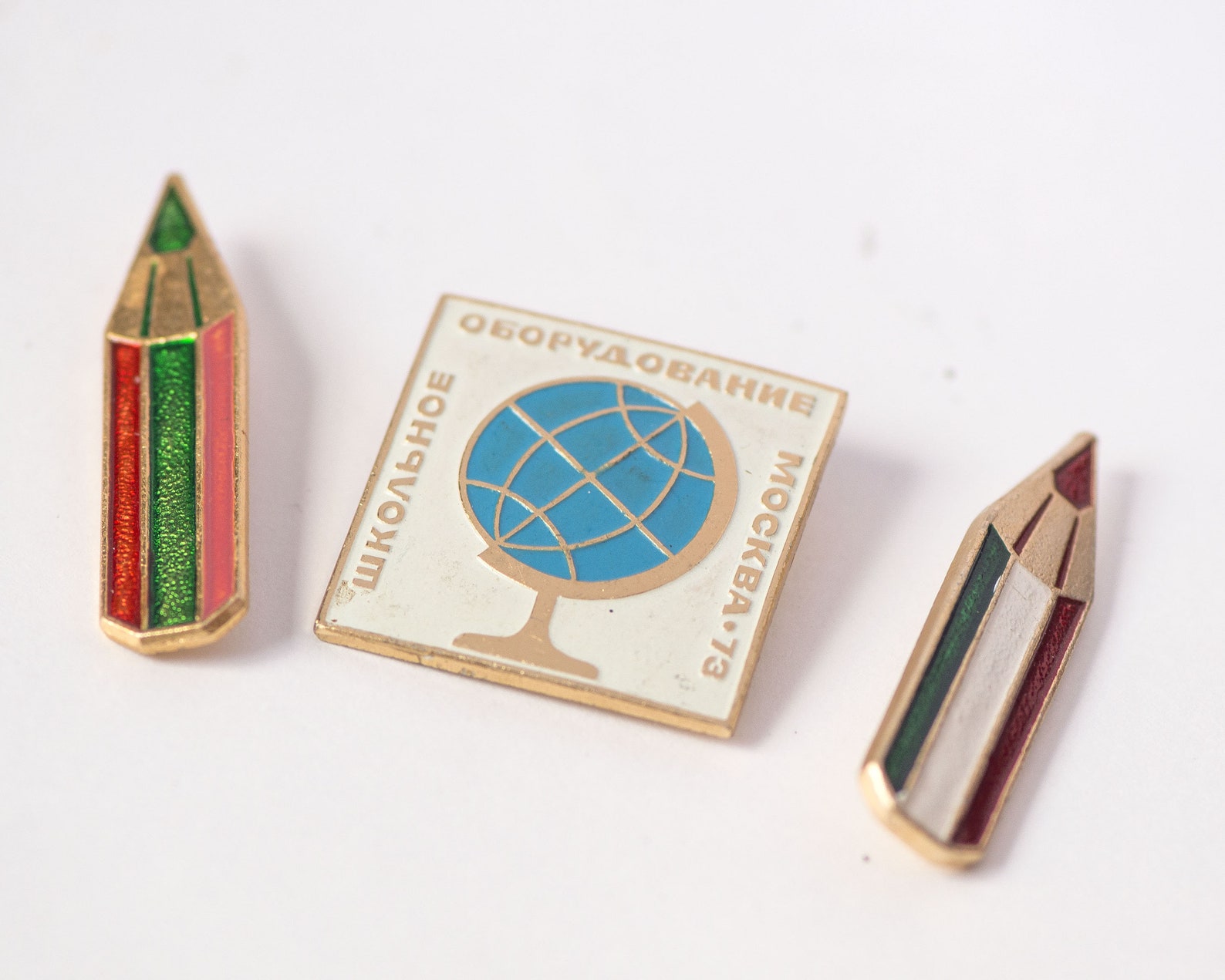 Vintage Soviet Pins 2 Pencils, Globe Badge in Cyrillic, Fun Teen Kids ...