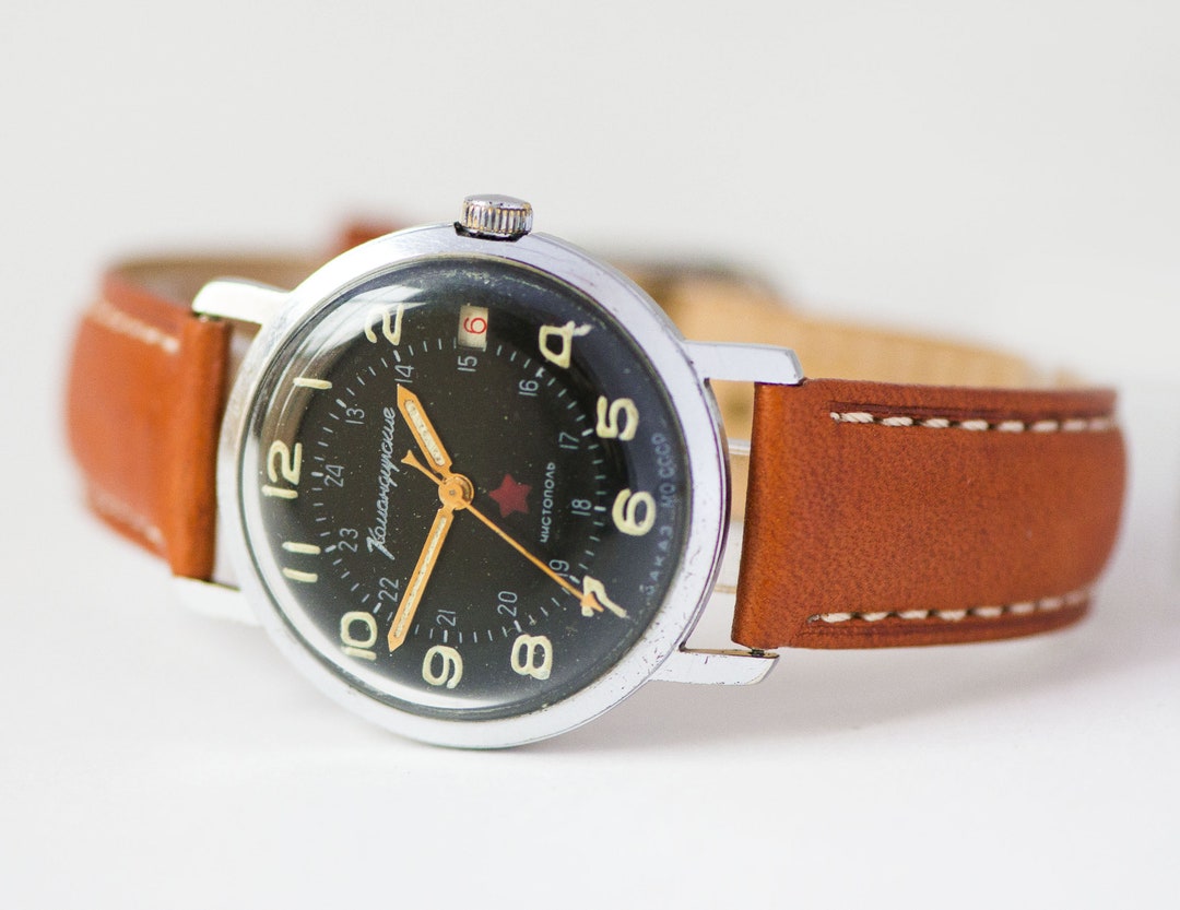 Soviet Military Wristwatch Black Men's Watch Komandirskie, Red Star ...