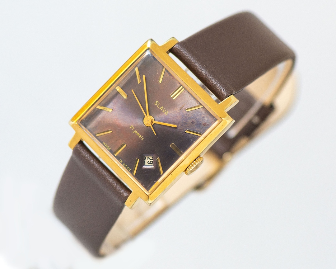 Square Unisex Watch Chocolate Brown Glory, Gold Plated Watch for Women ...