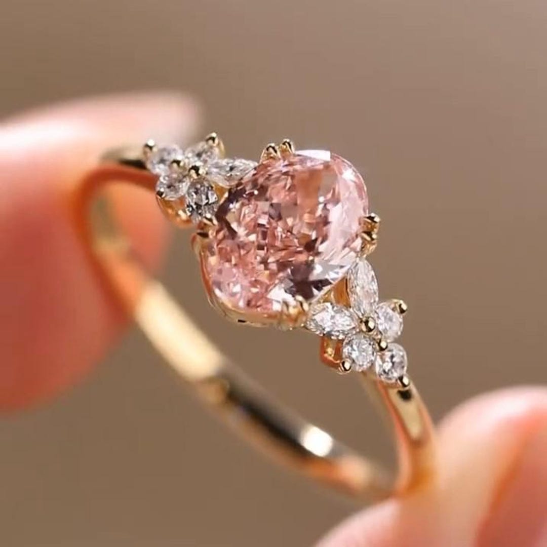 3 CT Pink Oval Moissanite Engagement Ring 14K Solid Gold Solitaire With ...