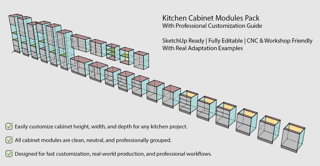Kitchen Cabinet 3D Models and Sketchup Pack – Editable Modular Cabinets ...