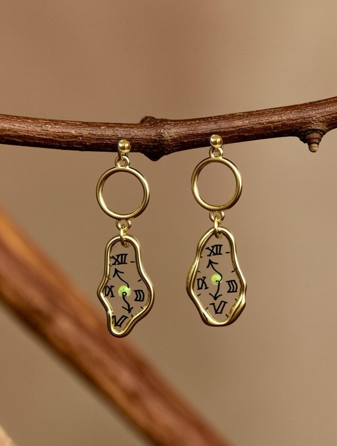 Gold Melting Clock Dangle Earrings W/ Asymmetrical Circle Connectors ...