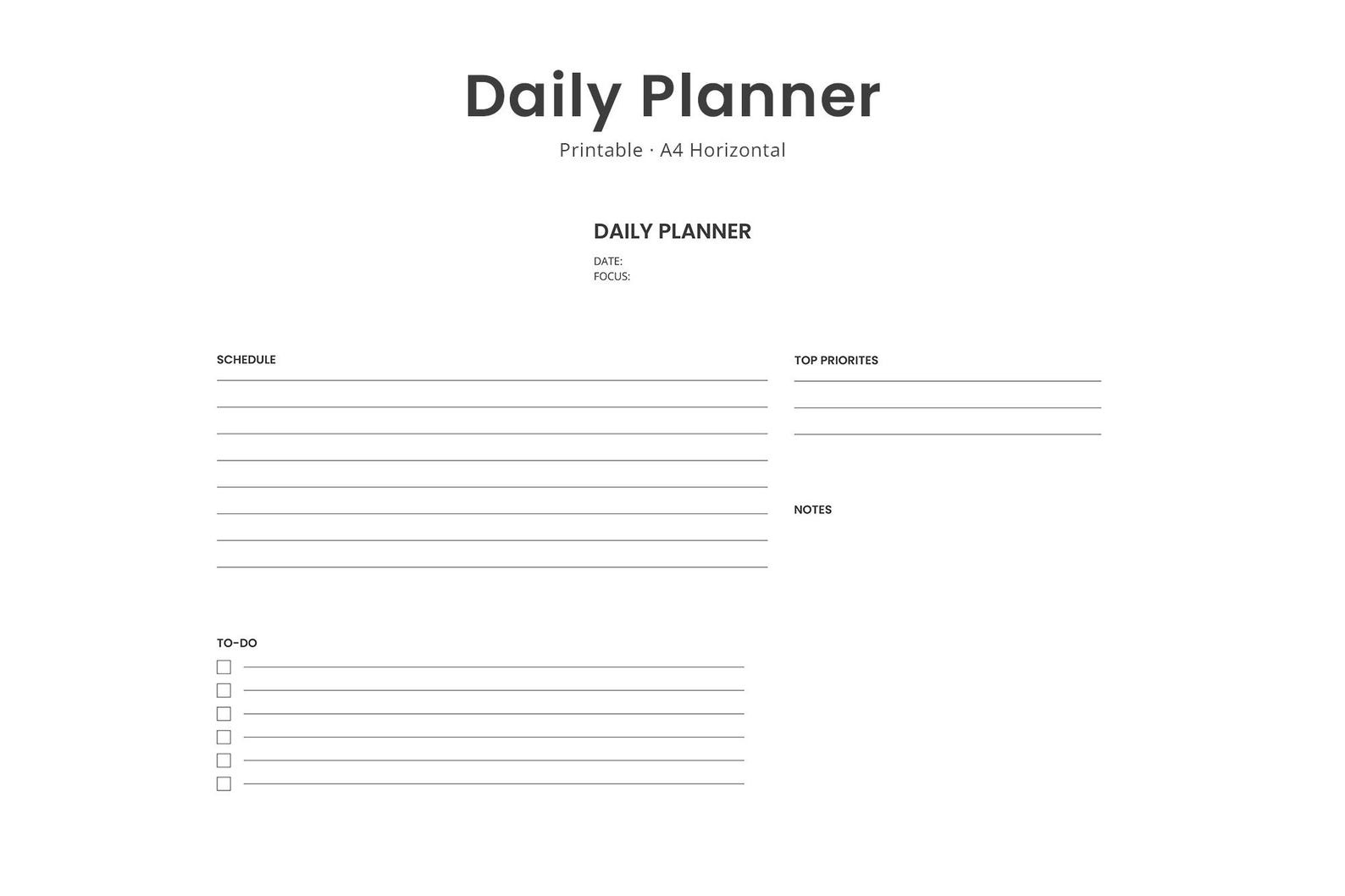 Daily Planner Printable A4 Horizontal | Daily Schedule & Productivity ...