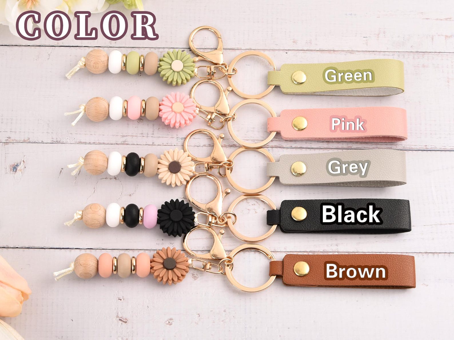 Delicate Daisy Beaded Key Ring,custom Name on Faux Leather,handmade ...