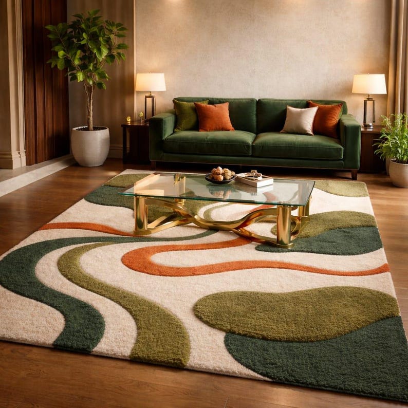 Luxury Handmade Tufted Rug – Olive Green Wave Pattern Carpet – Modern ...