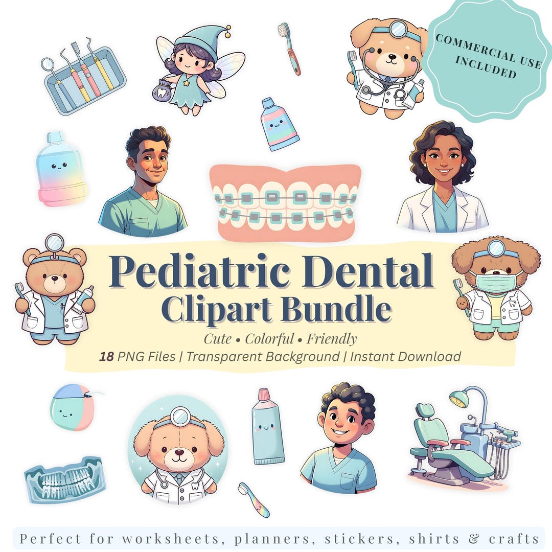 Cute Pediatric Dental Clipart Bundle PNG | Kawaii Dentist Graphics ...