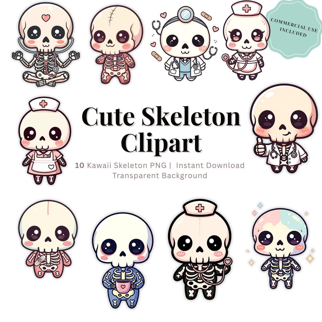 Kawaii Skeleton Clipart Bundle | Nurse & Doctor PNG Graphics - Etsy