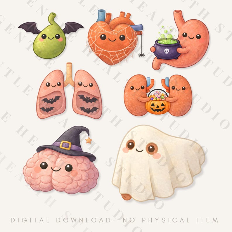 Cute Halloween Anatomy Clipart Bundle, Kawaii Organs PNG, Nurse ...