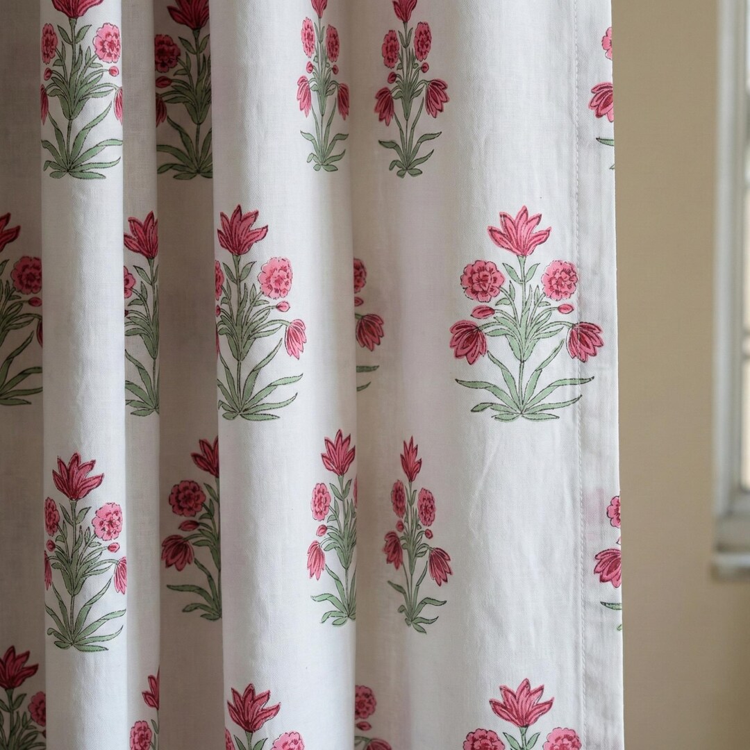 Hand Block Print Curtain, Pink Floral Organic Cotton, Semi Sheer or ...