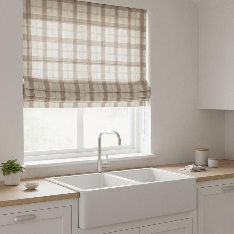 Custom Linen Roman Shade - Farmhouse Check, Corded, Blackout or Light ...