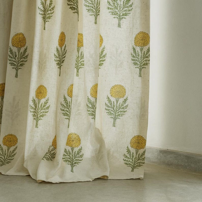 Organic Cotton Curtains: Hand Block-printed Floral Design (multiple ...