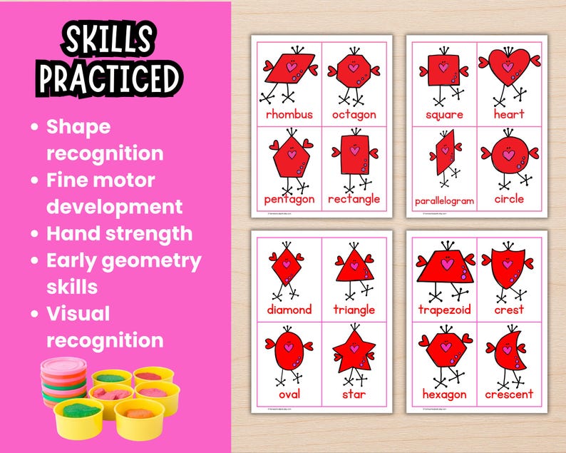 Valentine Shape Playdough Mats Printable, Preschool Shapes Activity ...