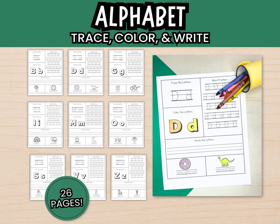ABC Trace, Color & Write Worksheets, A–Z Alphabet Practice for ...