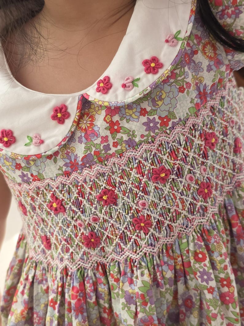 Summer Floral Smock Dress With White Smock Lines and Red Flowers ...