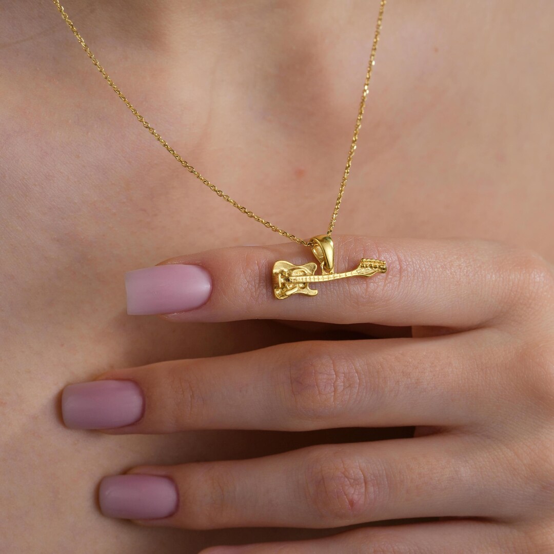 Solid Gold Guitar Pendant, 3D Electric Guitar Charm, Unisex Musician's ...