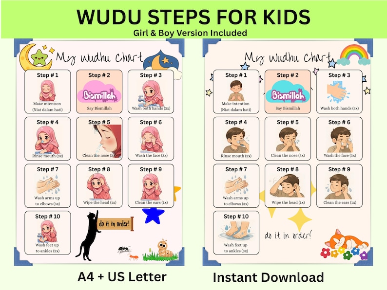 Wudu Steps for Kids Chart – Islamic Ablution Guide, Boy Girl Versions ...