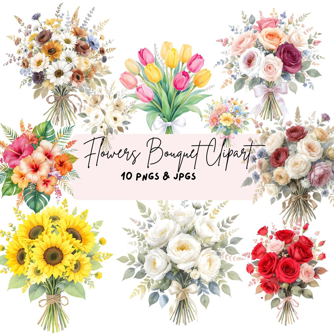 Flower Bouquet Clipart Set, Watercolor Floral Bouquet PNG, Rose ...