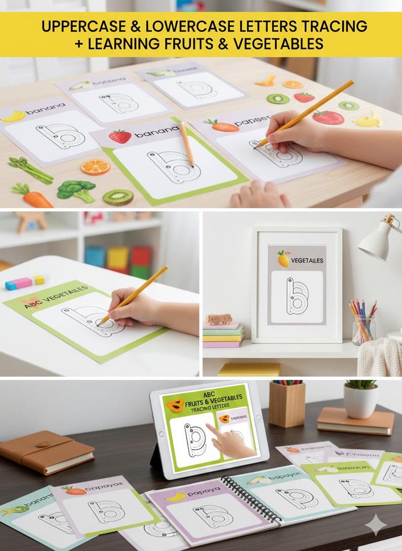 Uppercase and Lowercase Letter Tracing Worksheets | Fruits & Vegetables ...