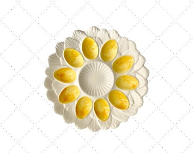 Vintage Deviled Egg Plate - Yellow & White Glazed Ceramic - Chicken ...