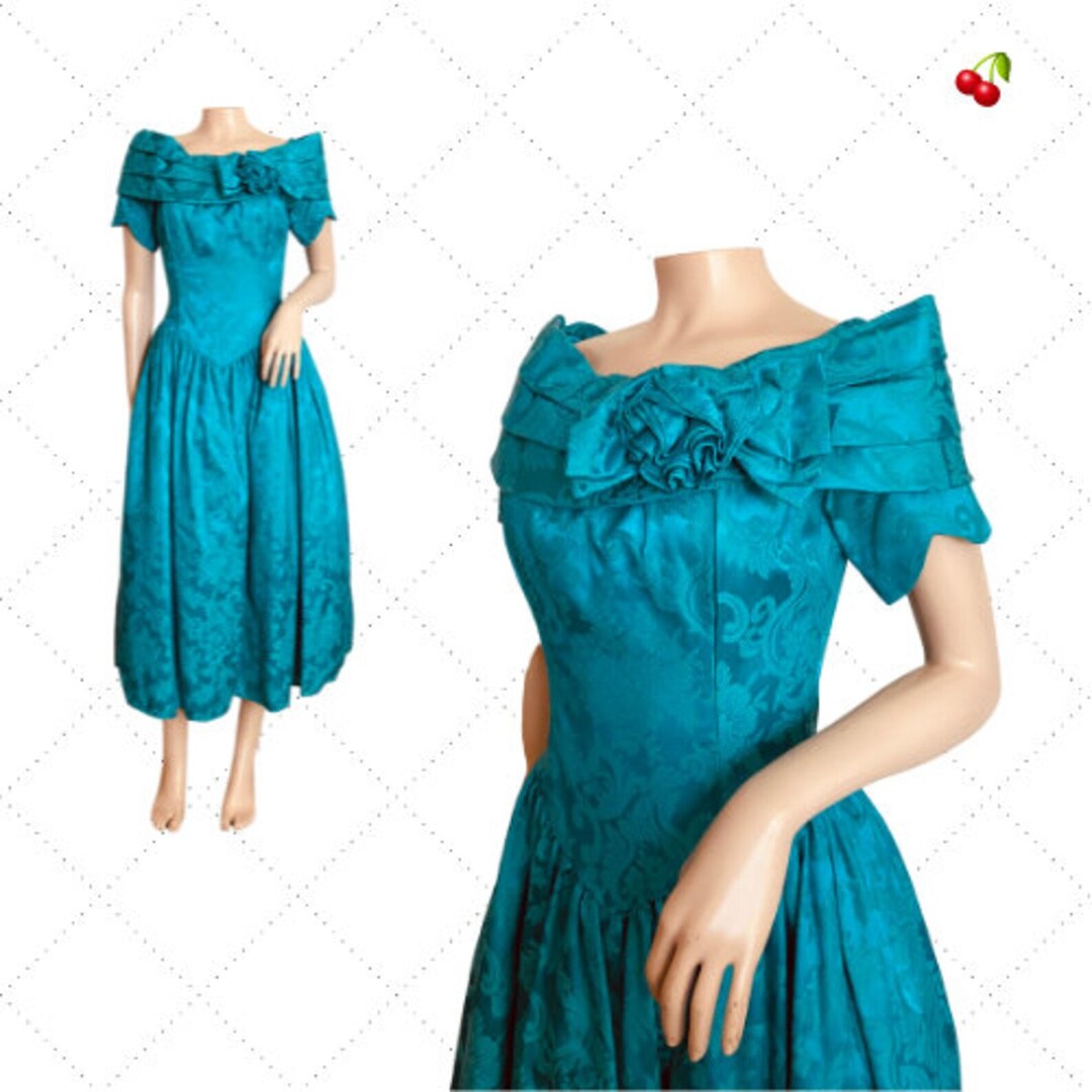 70s JESSICA Mcclintock Dress Teal Brocade Basque Waistline Gorgeous ...