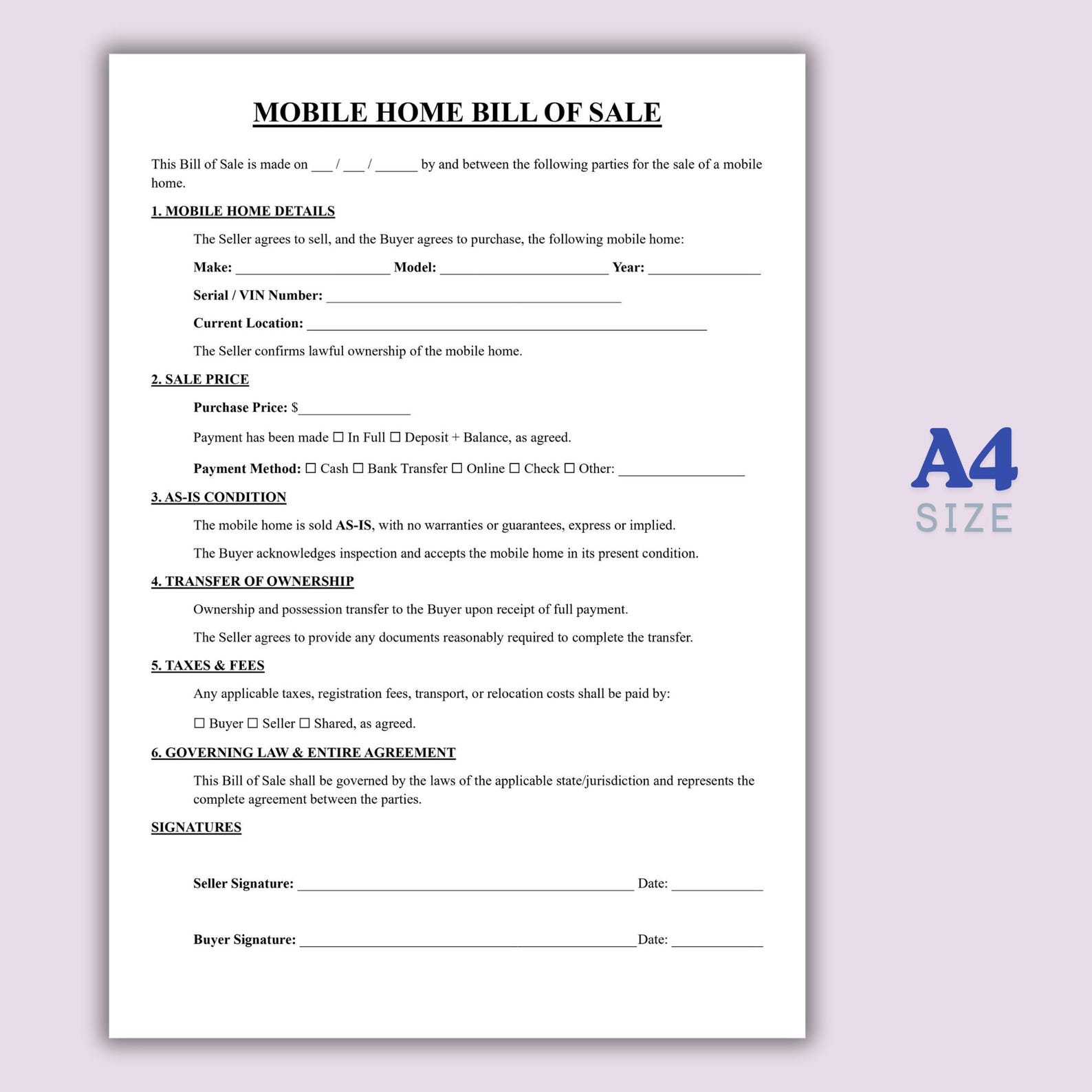 Editable Mobile Home Bill of Sale, Manufactured Home Sale Form Template ...