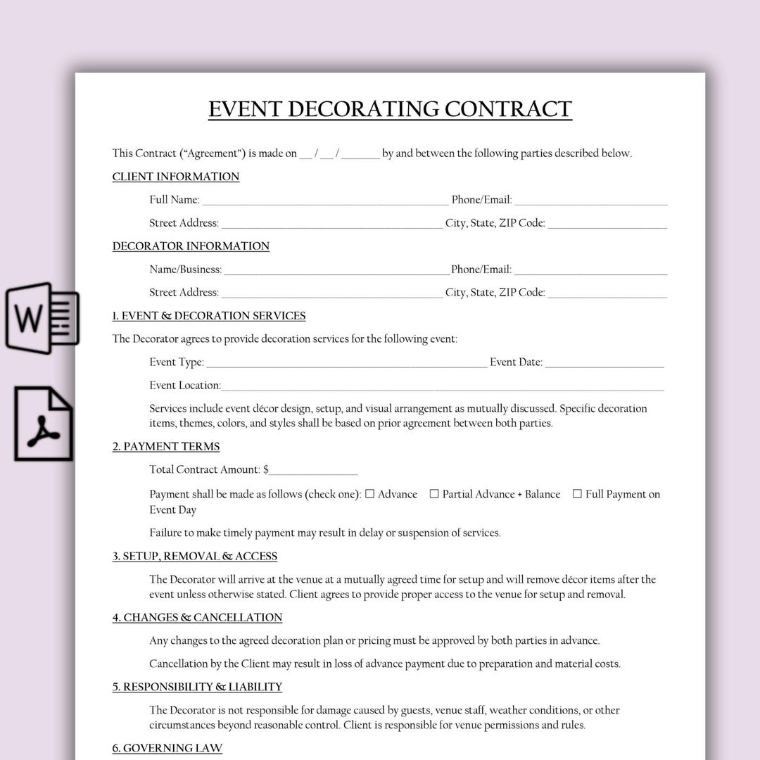 Customizable Event Decorating Contract, Simple One Page Event Planning ...