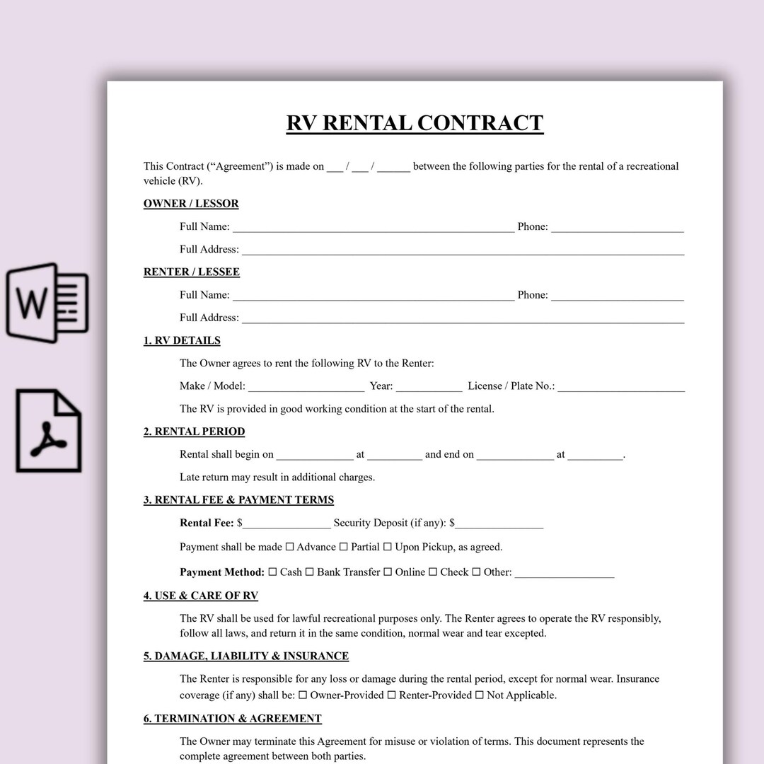 One Page RV Rental Agreement, Simple Motorhome Contract, Printable ...
