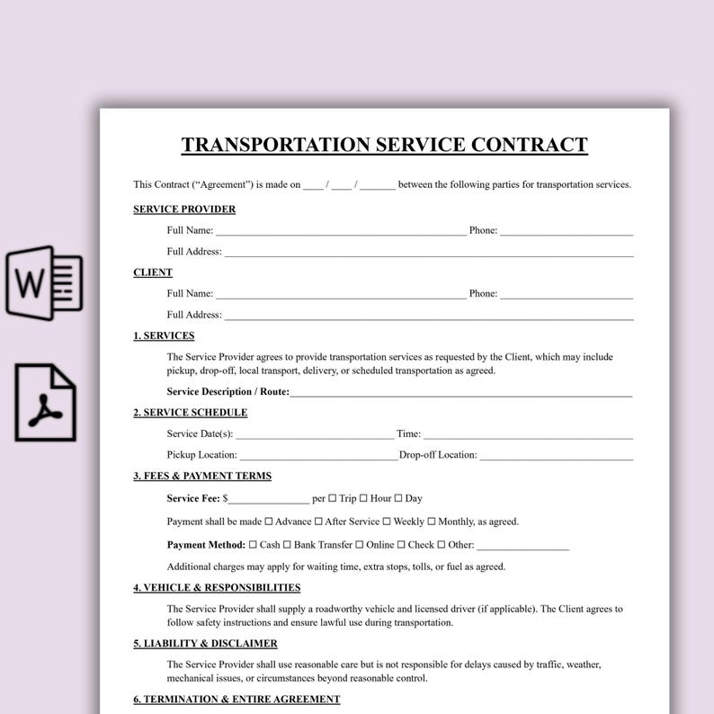 Printable Transportation Service Contract Template, One Page Transport ...