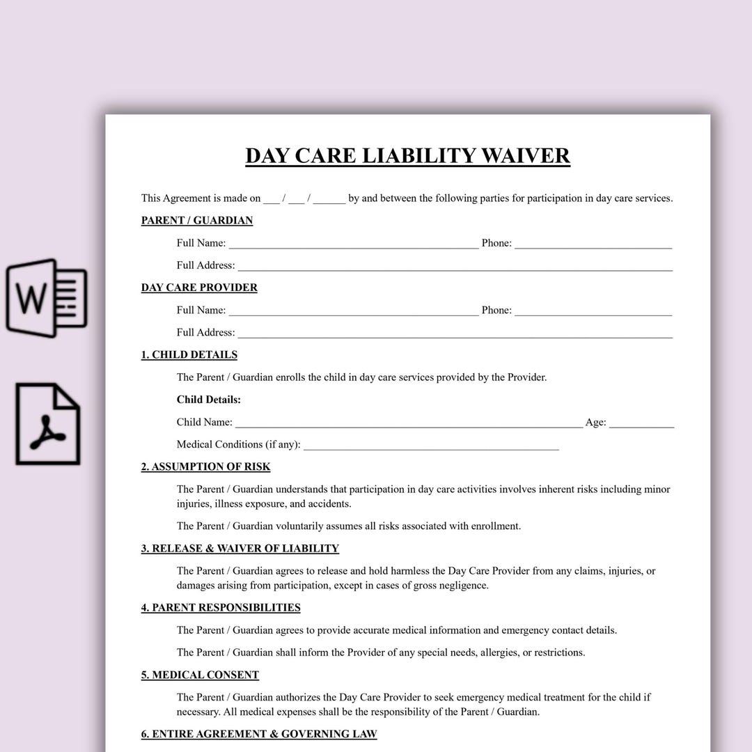 Daycare Liability Waiver Agreement, One Page Release of Liability PDF ...