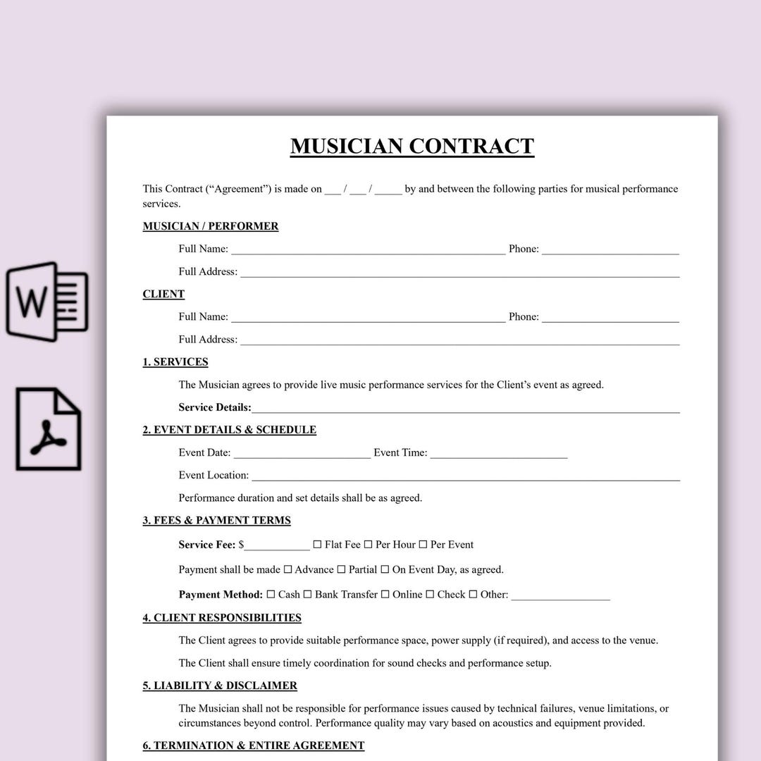 Musician Contract Template, One Page Live Music Performance Agreement ...