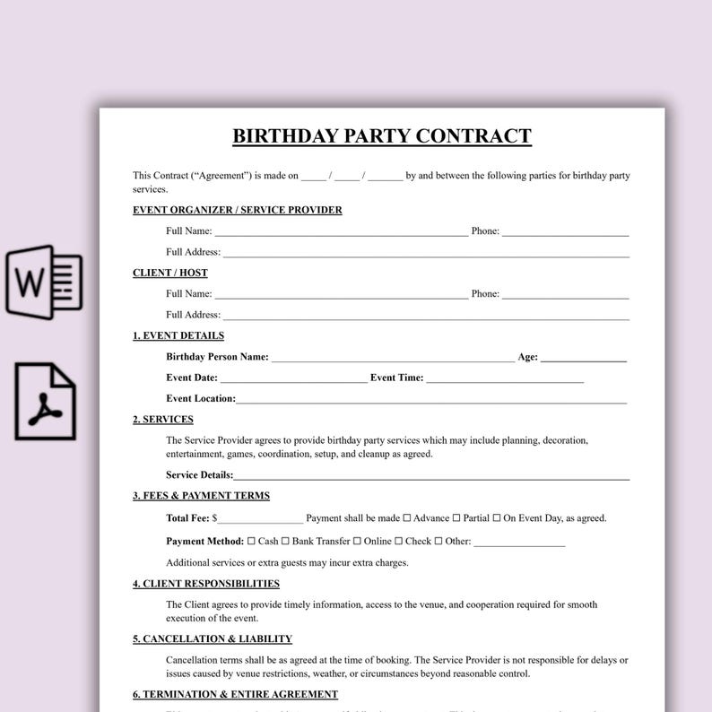 One Page Birthday Party Contract Template, Editable Venue Rental ...