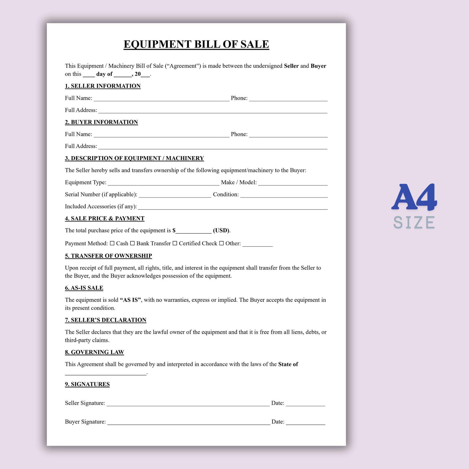 One Page Equipment Bill of Sale Template, Machinery Sale Contract, Farm ...