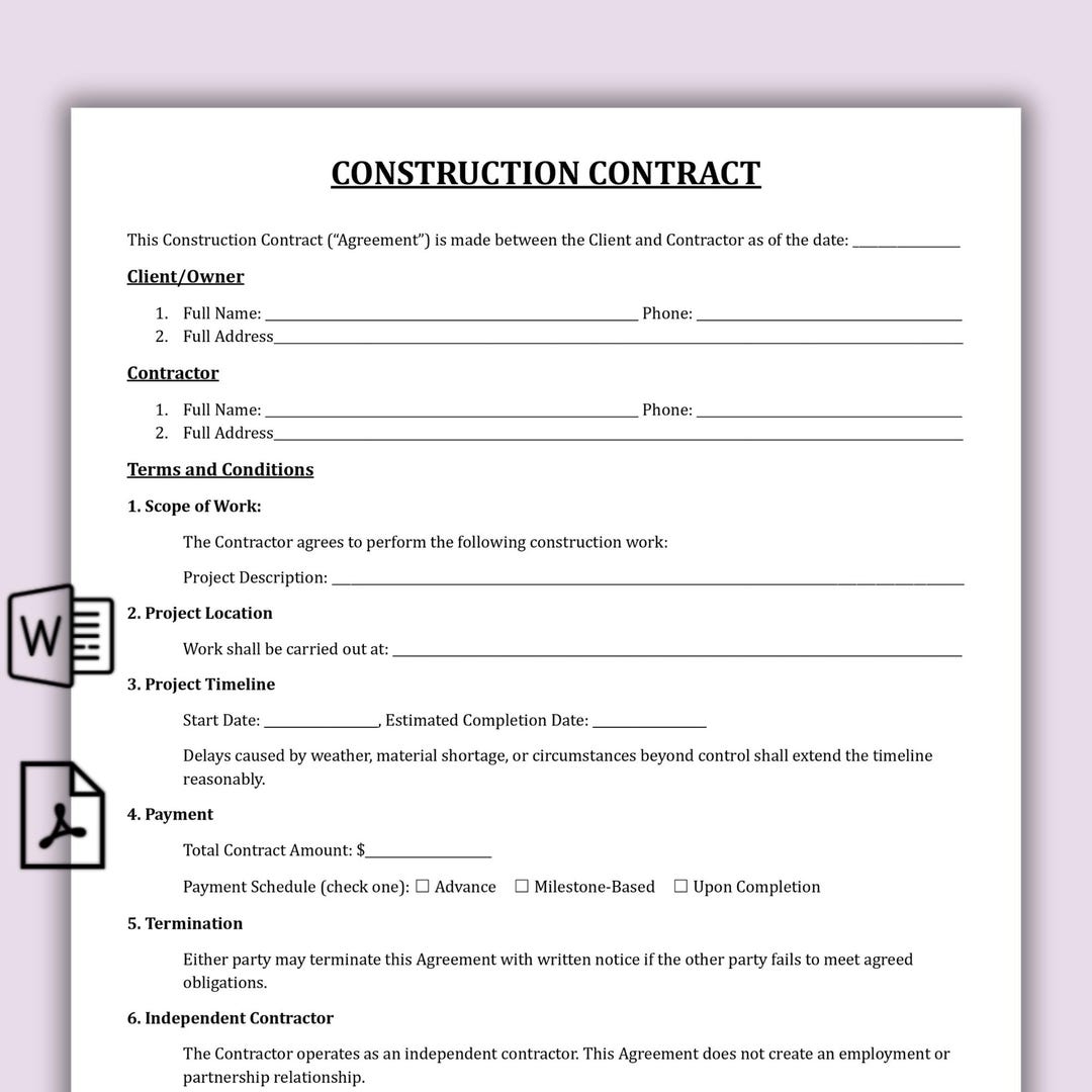 Simple Construction Contract Template, Contractor Agreement Form, One ...