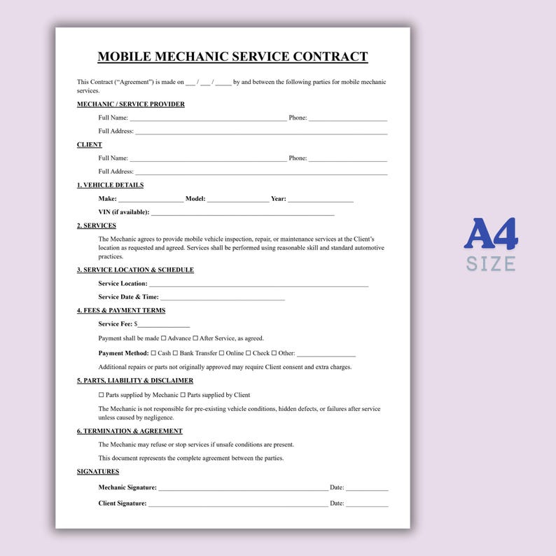 Buy Simple Mobile Mechanic Service Contract Template, One Page Vehicle ...