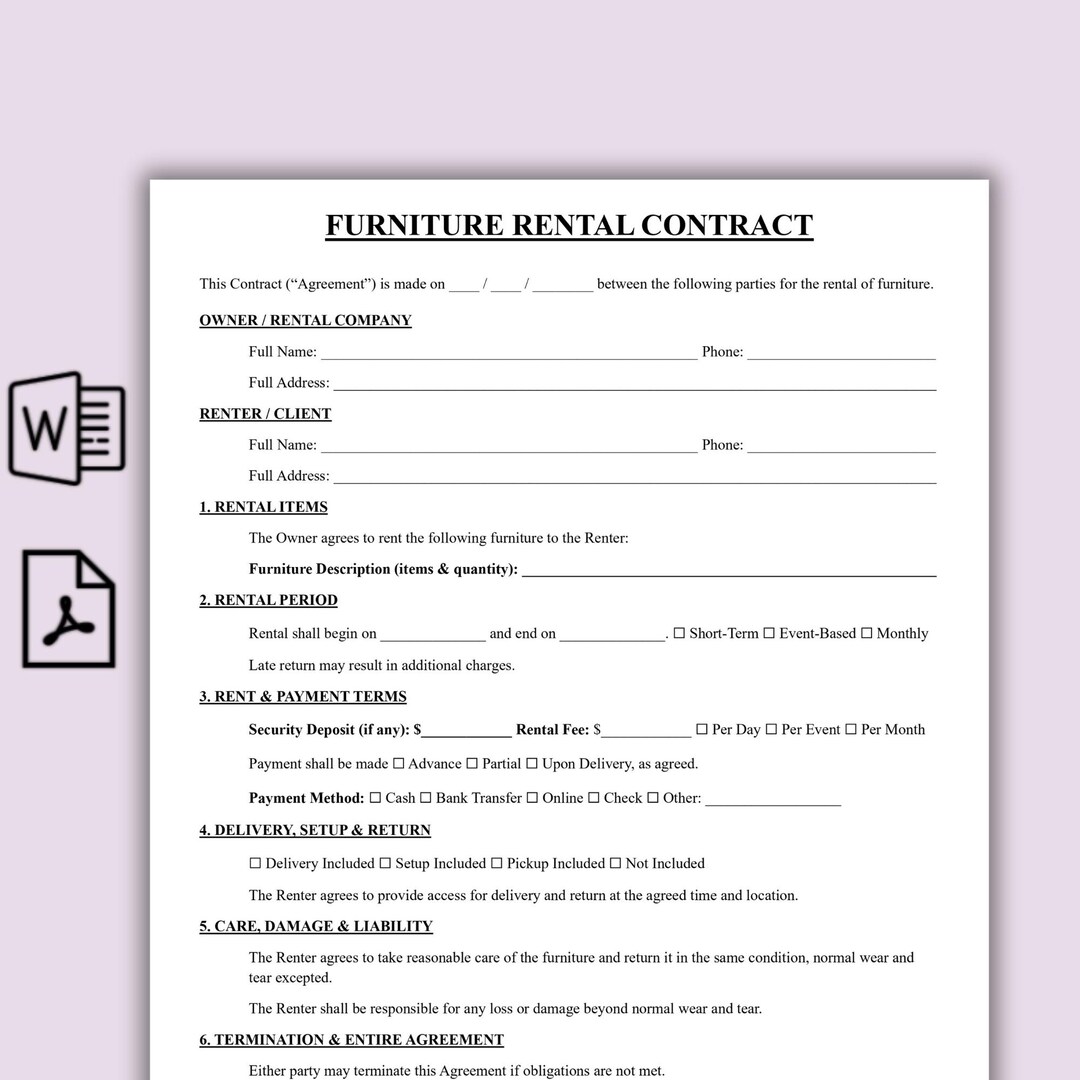 Editable Furniture Rental Contract Template, Simple Furniture Lease ...
