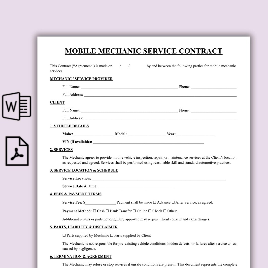 Simple Mobile Mechanic Service Contract Template, One Page Vehicle ...