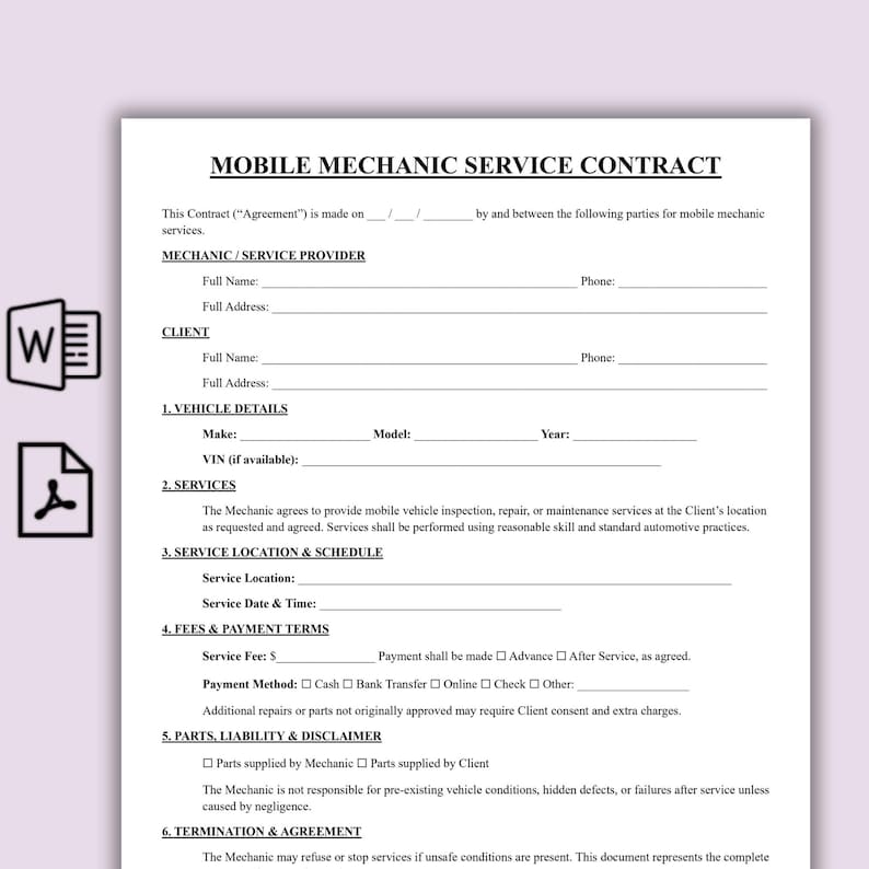 Buy Simple Mobile Mechanic Service Contract Template, One Page Vehicle ...