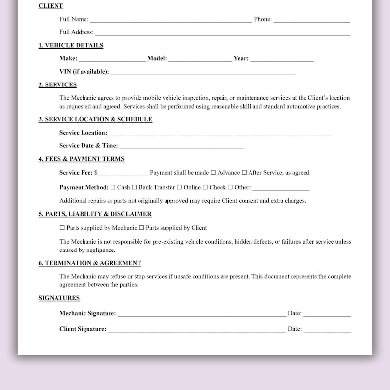 Buy Simple Mobile Mechanic Service Contract Template, One Page Vehicle ...