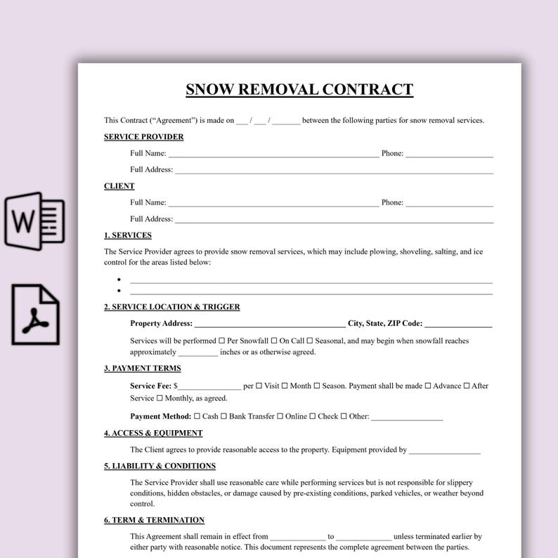 Editable Snow Clearing Contract Template, One Page Snow Plowing ...