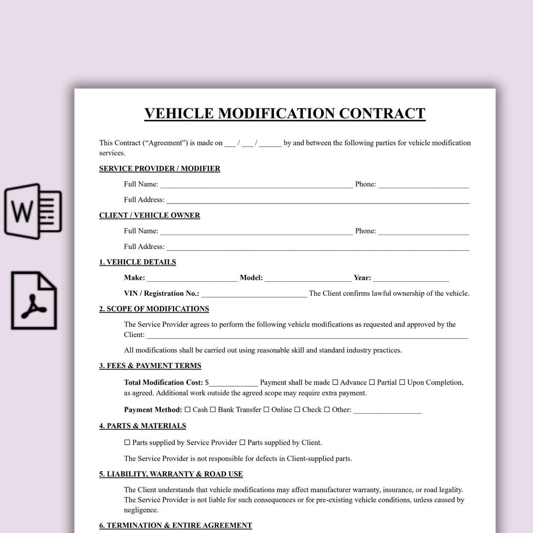 Vehicle Modification Contract Template, One Page Custom Auto Service ...