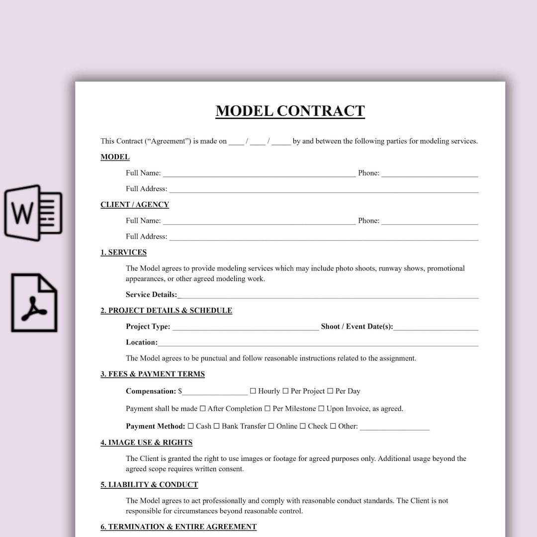 Printable Model Contract Template, One Page Modeling Service Agreement ...