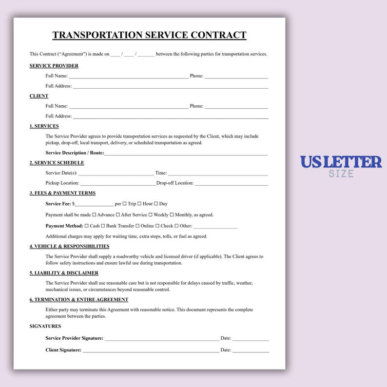 Printable Transportation Service Contract Template, One Page Transport ...