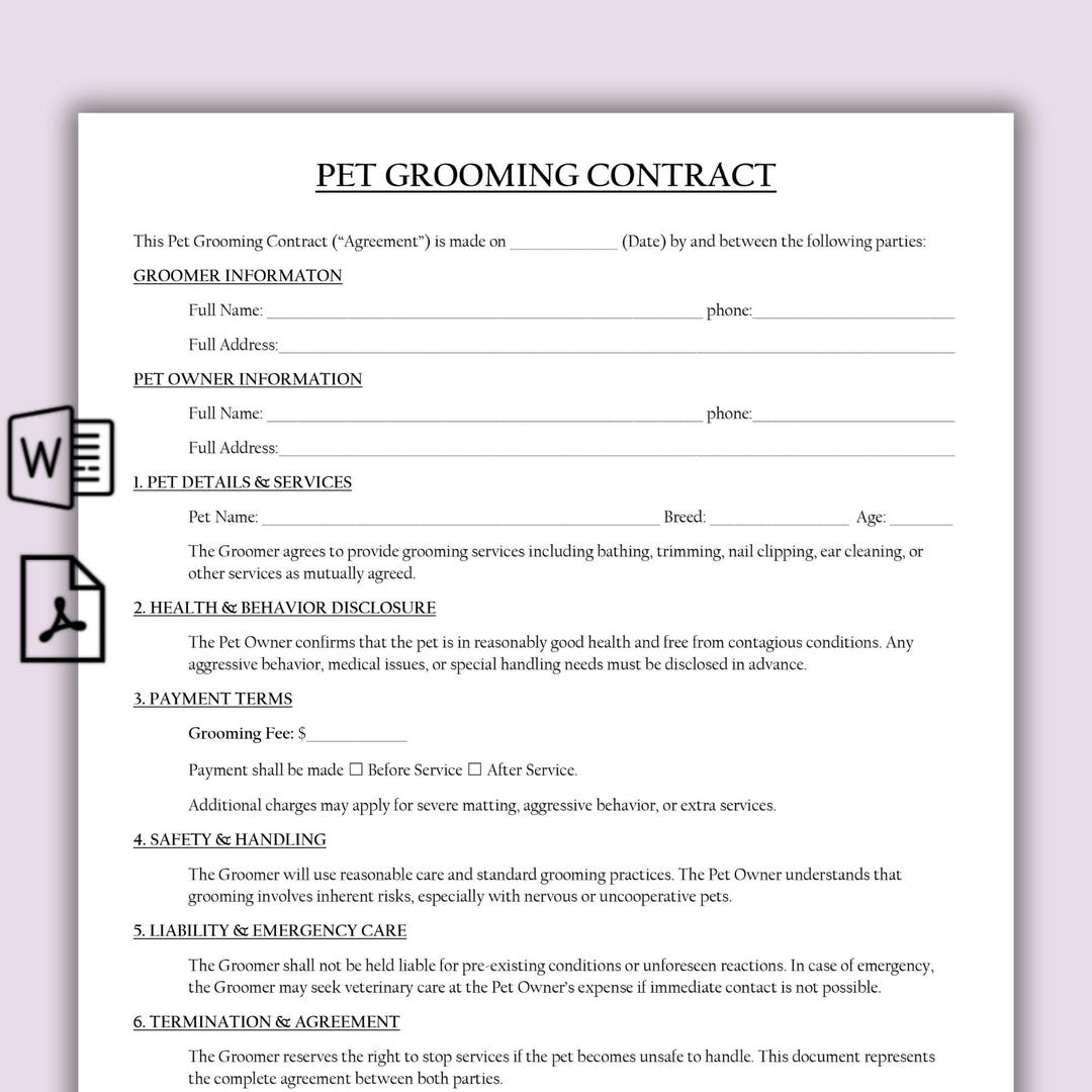 Pet Grooming Contract, One Page Pet Grooming Agreement, Simple One Page ...