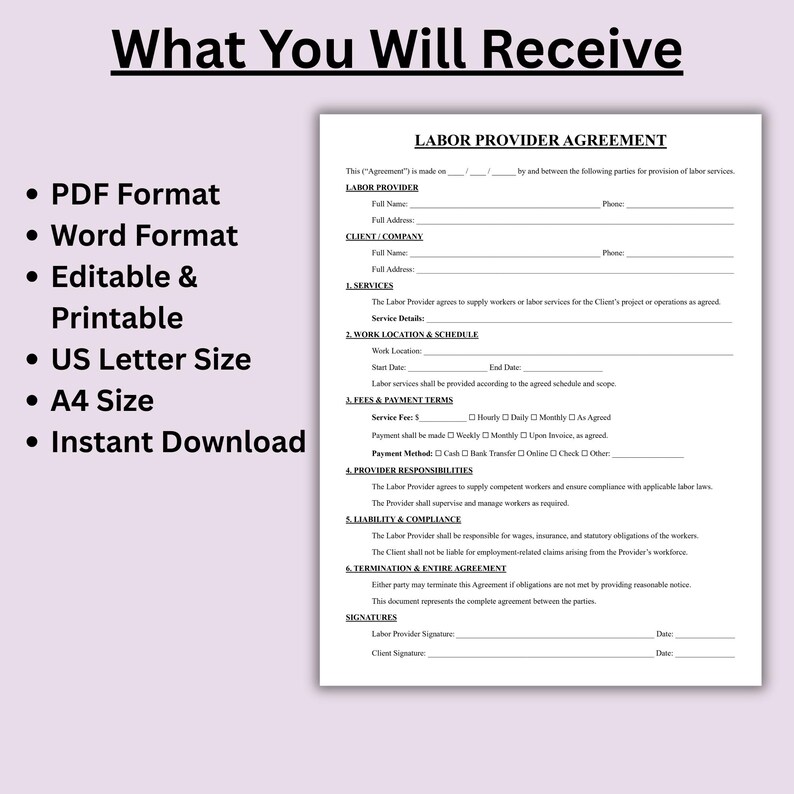 Buy Labor Provider Agreement Template, Editable Labor Provider Service ...