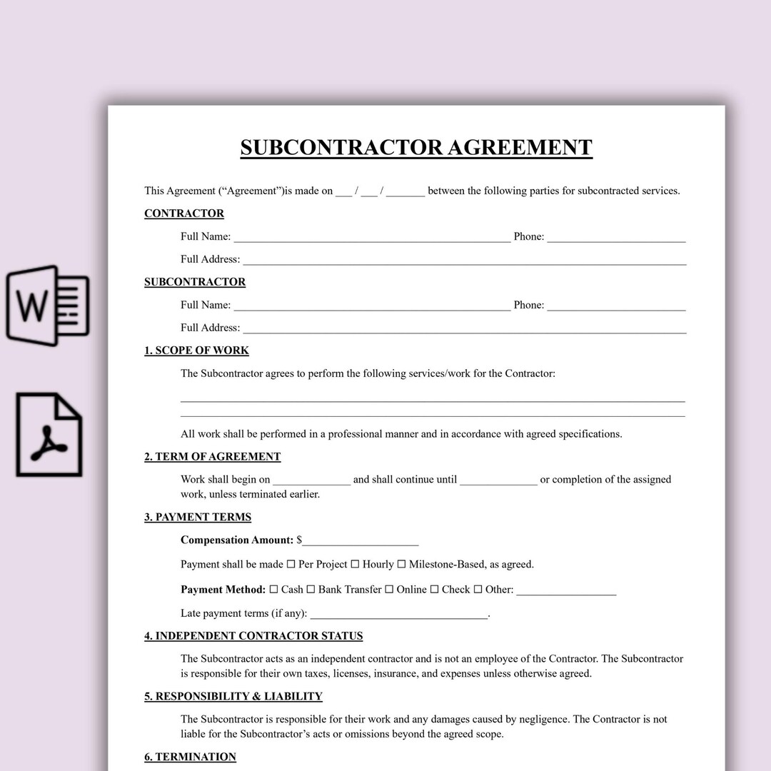 Editable Subcontractor Agreement, One Page Job Subcontractor Template ...