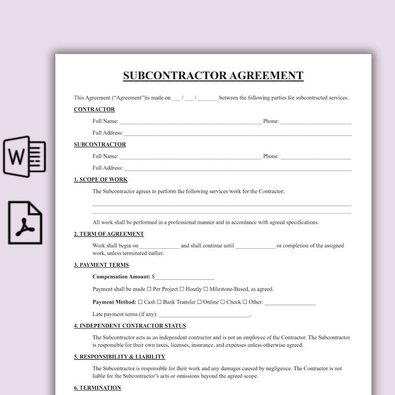 Editable Subcontractor Agreement, One Page Job Subcontractor Template ...