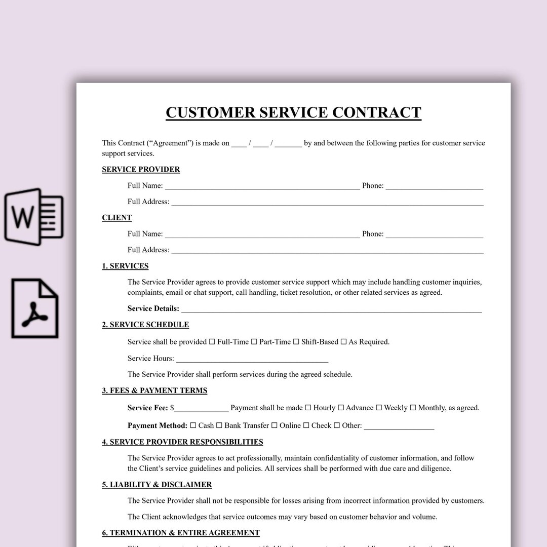 Editable Customer Service Contract Template, Support Service Form ...