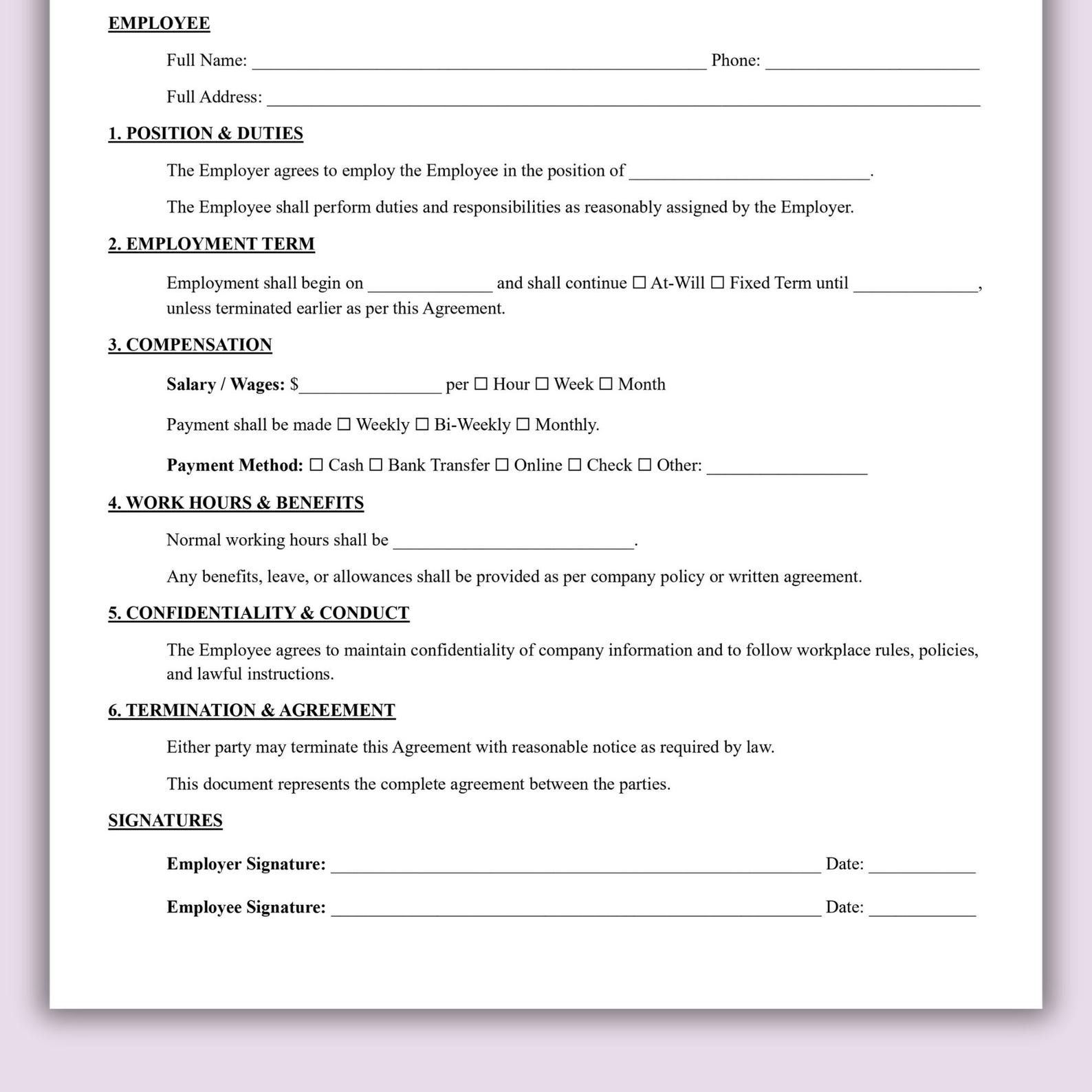 Employment Contract Template, One Page Employment Service Contract ...