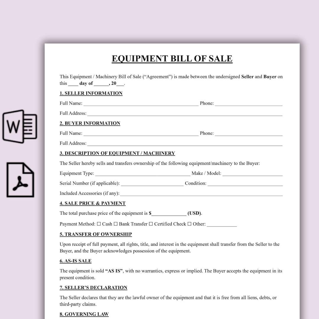 One Page Equipment Bill of Sale Template, Machinery Sale Contract, Farm ...